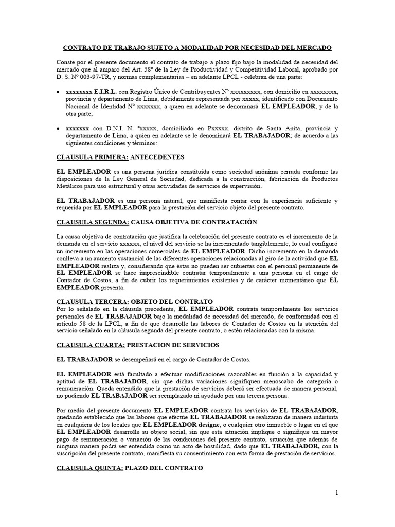 Contrato de Trabajo Sujeto A Modalidad Por Necesidad Del Mercado Modelo | PDF | Derecho laboral ...