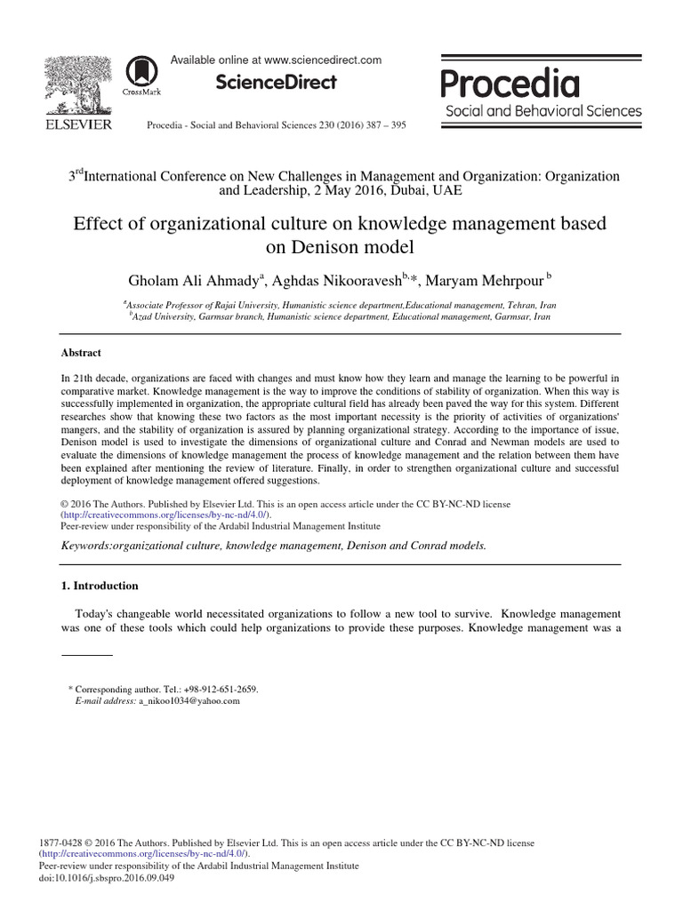 Effect of Organizational Culture on Knowledge Management Based on Denison Model | Download Free ...