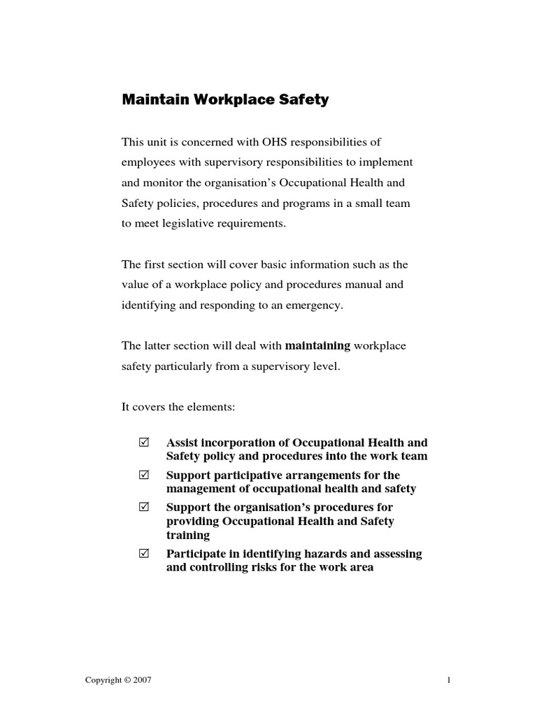 Lesson 7 Maintain Workplace Safety | PDF | Occupational Safety And ...
