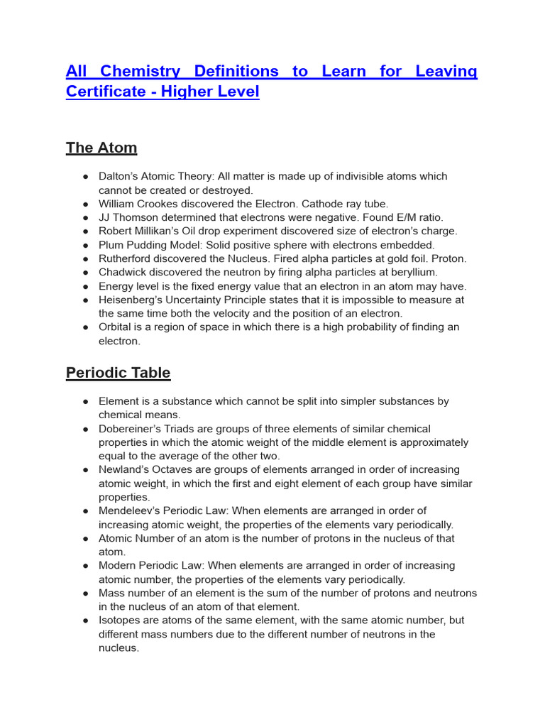 All Chemistry Definitions to Learn for Leaving Certificate - Higher Level | PDF | Atoms | Gases