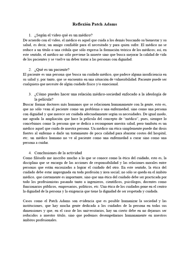 Reflexión Patch Adams | PDF | Médico | Cuidado de la salud