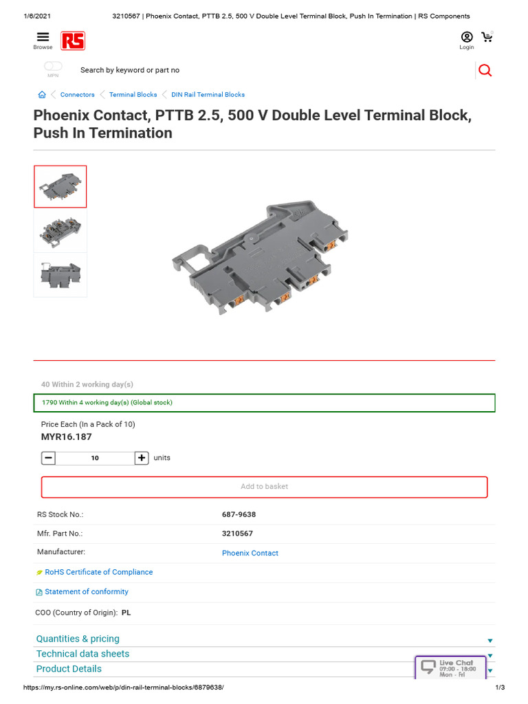 Phoenix Contact, PTTB 2.5, 500 V Double Level Terminal Block, Push in Termination - RS ...