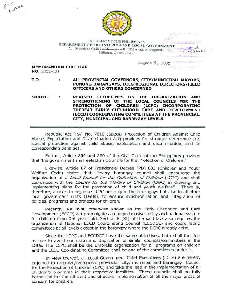 DILG Memorandum Circular No. 2002 121 Min | PDF