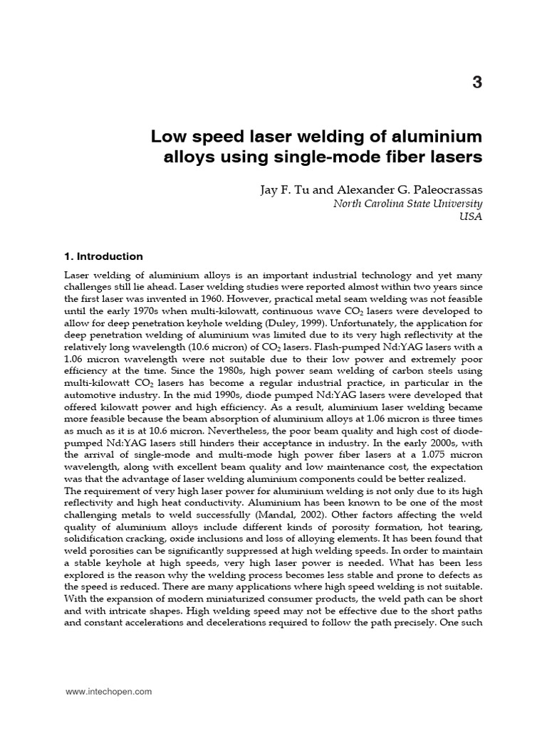 InTech-Low Speed Laser Welding of Aluminium Alloys Using Single Mode Fiber Lasers | PDF ...