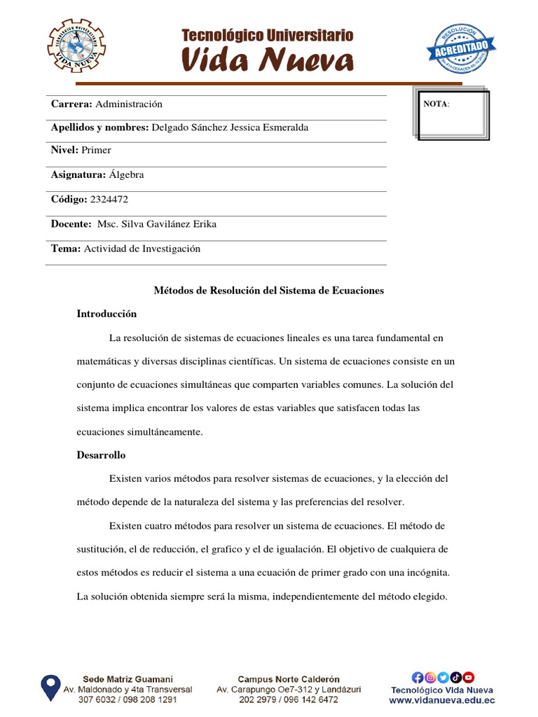 INVESTIGACION BIBLIOGRAFICA DE LOS METODOS DE RESOLUCION DE SISTEMAS DE ... INVESTIGACION BIBLIOGRAFICA DE LOS METODOS DE RESOLUCION DE SISTEMAS DE ...
