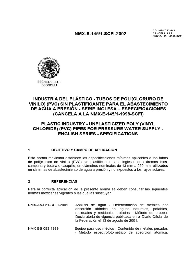 NMX-E-145-1-scfi-2002 Sistema de Abastecimiento de Agua A Presión Serie Inglesa | PDF | Cloruro ...