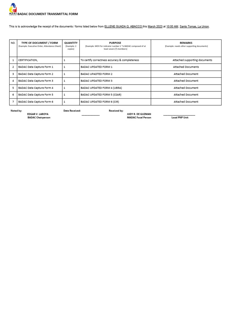 BADAC Document Transmittal Acknowledgment | PDF