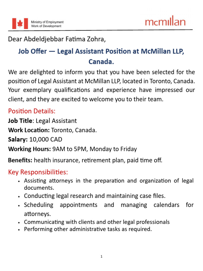Abdeldjebbar Fatima Zohra Job Offer Letter | PDF | Paralegal | Employment