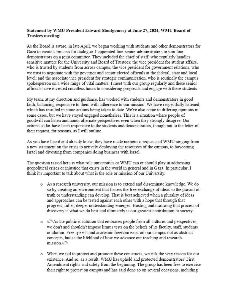 WMU President's Statement on Gaza Dialogue | PDF