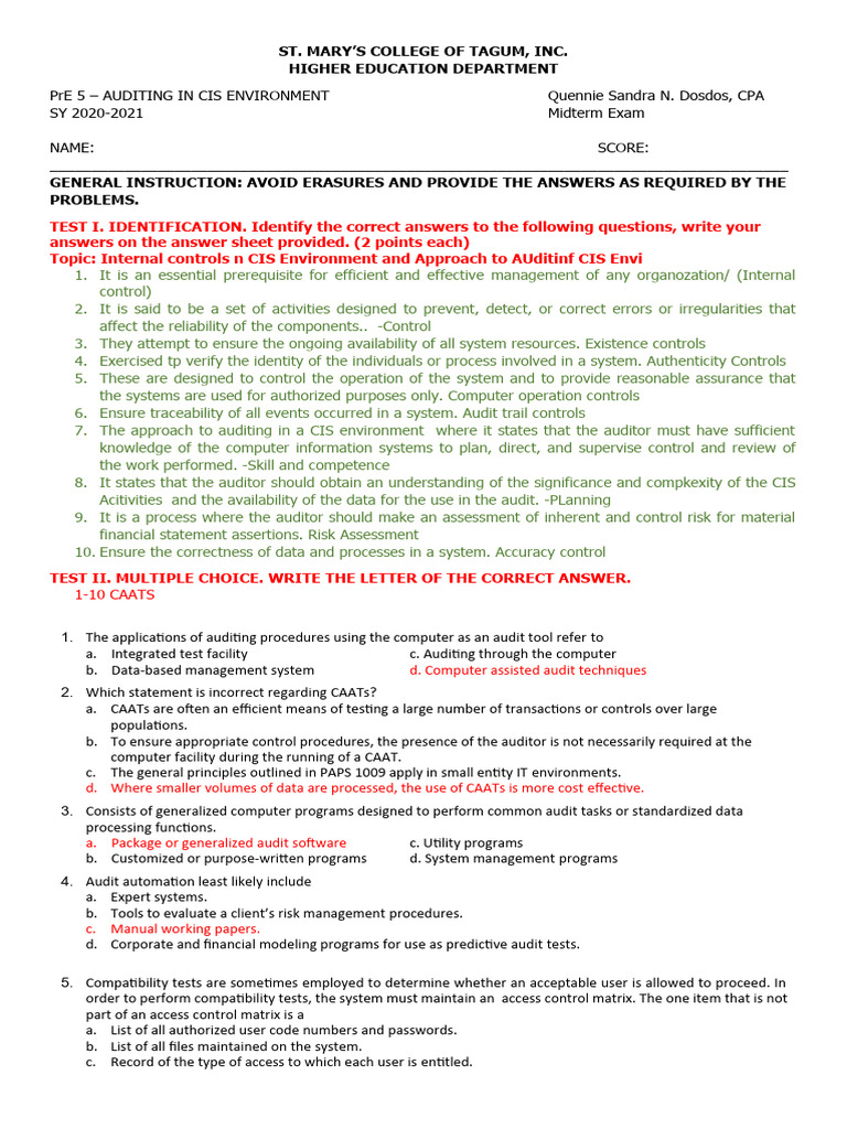 Pre 5 Audit in CIS Environment Midterm Exam - With Answers | PDF ...