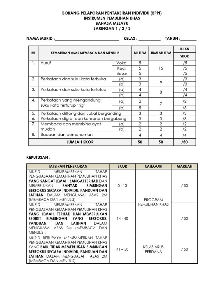 Borang - BPPI - BAHASA - MELAYU TAHAP 1 | PDF