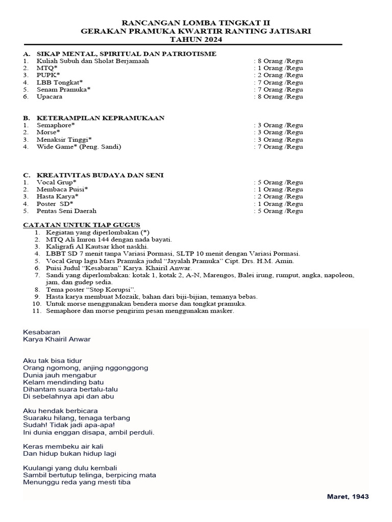 Rancangan Lomba Tingkat Ii 2024 | PDF