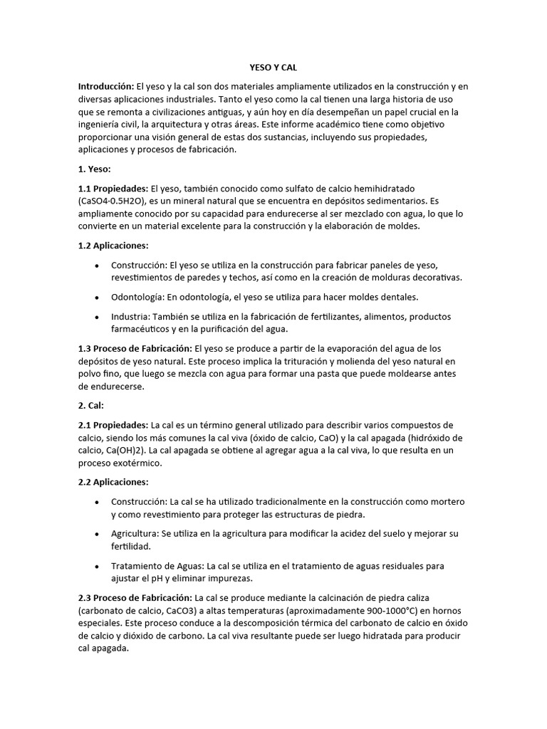 Yeso y Cal: Propiedades y Usos | PDF | Lima (Material) | Yeso