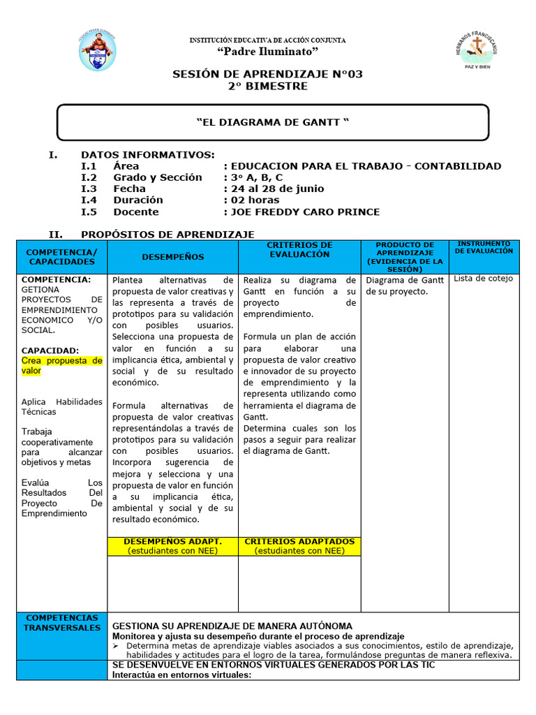 SESIÓN No 03 EPT CONTABILIDAD 3ro EL DIGRAMA DE GANTT | PDF | Evaluación | Maestros