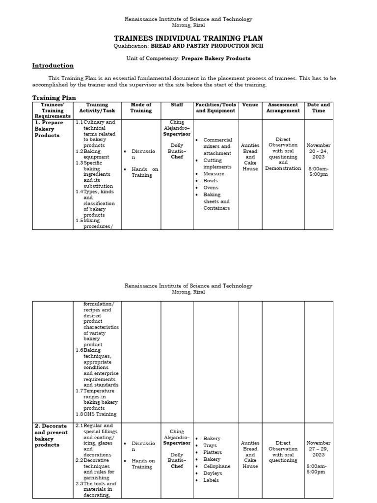 Trainees Individual Training Plan - Ok | PDF | Baking | Bakery
