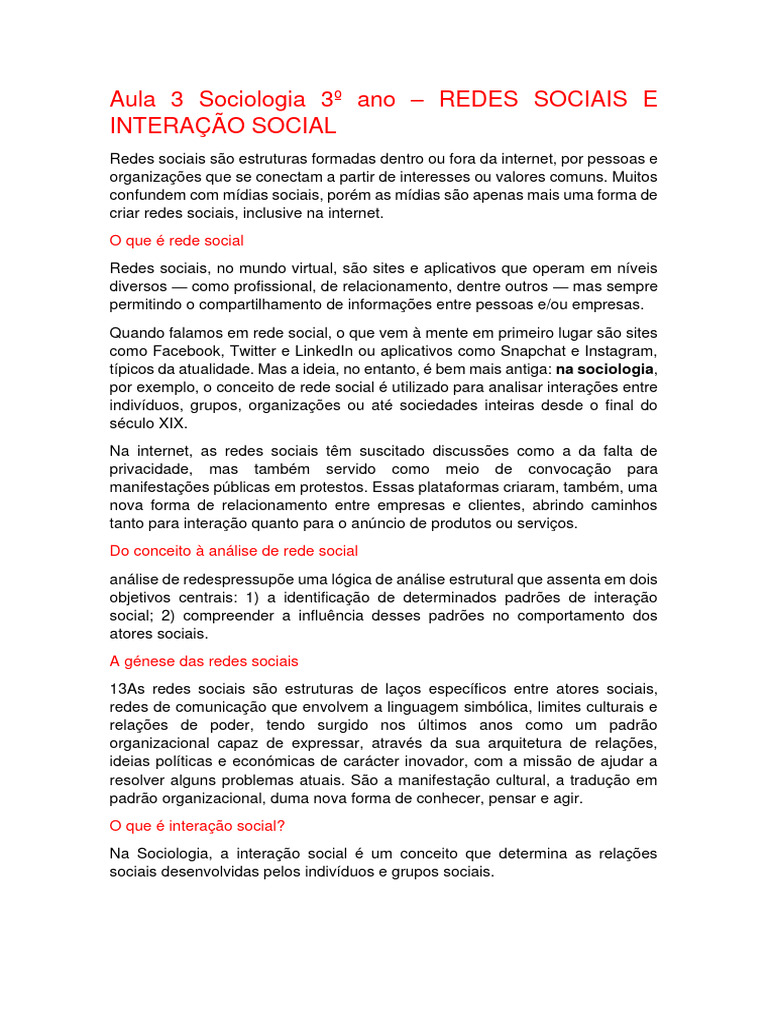 Aula 3 - Redes Sociais e Interação Social | Download grátis PDF | Rede ...