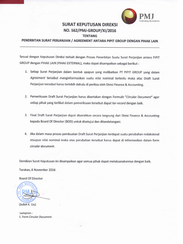 SK Direksi No. 562_Penerbitan Surat Pernjanjian atau Agreement antara Pipit Group dengan Pihak ...