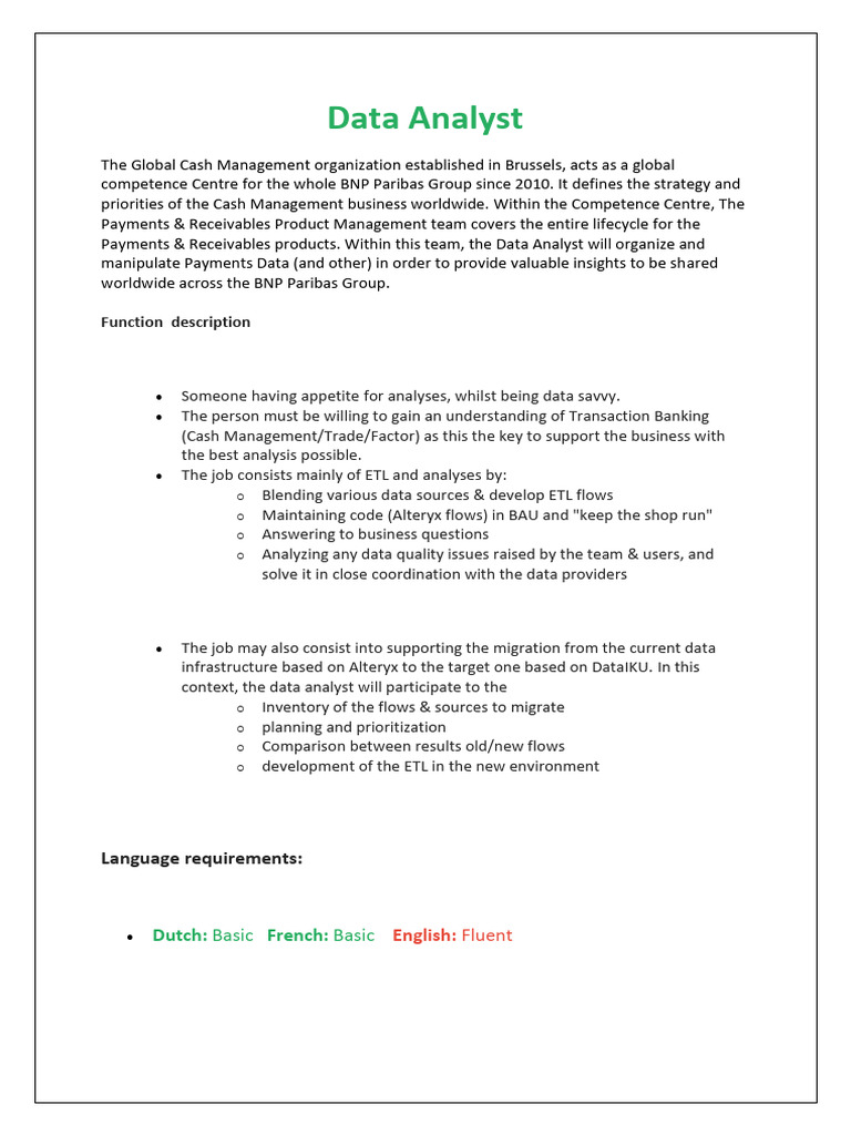 JD - Data Analyst Cash Management - Banking | PDF | Data Analysis ...