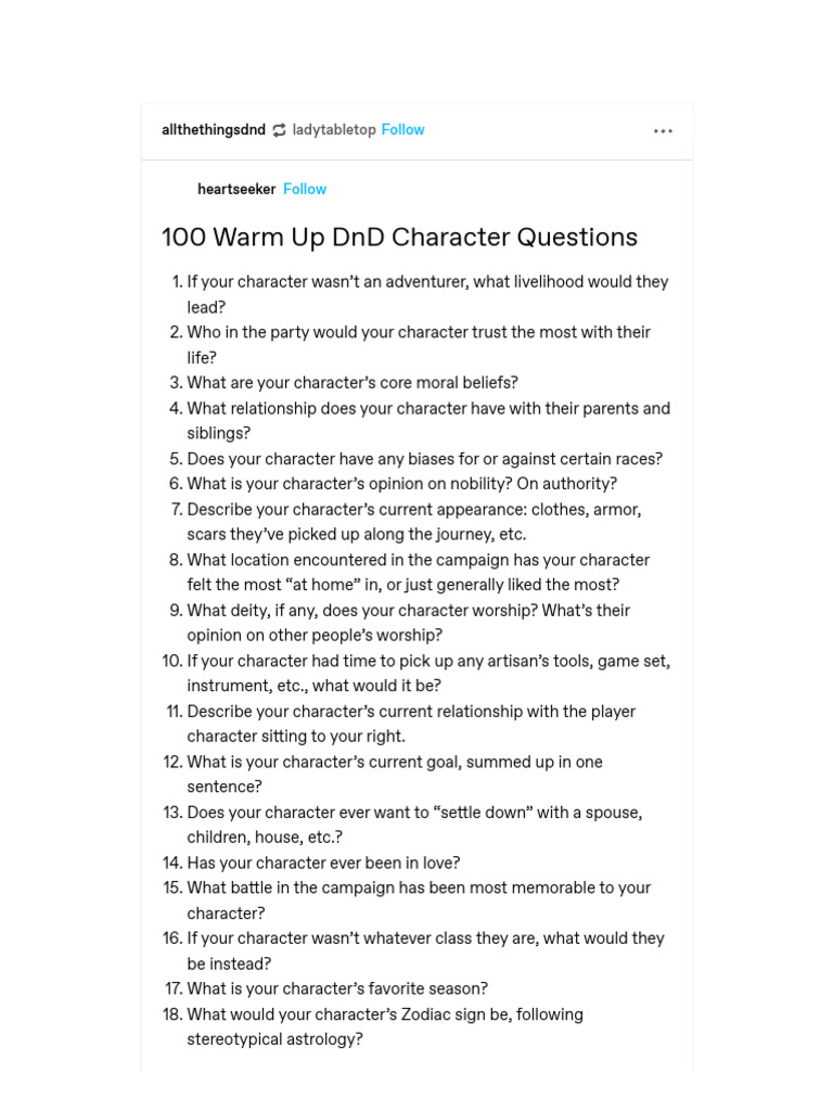 DND Questions For Your Character | PDF | Sports & Recreation | Self ...