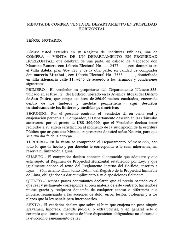 Minuta de Compra Venta Horizontal | PDF | Propiedad | Ley común