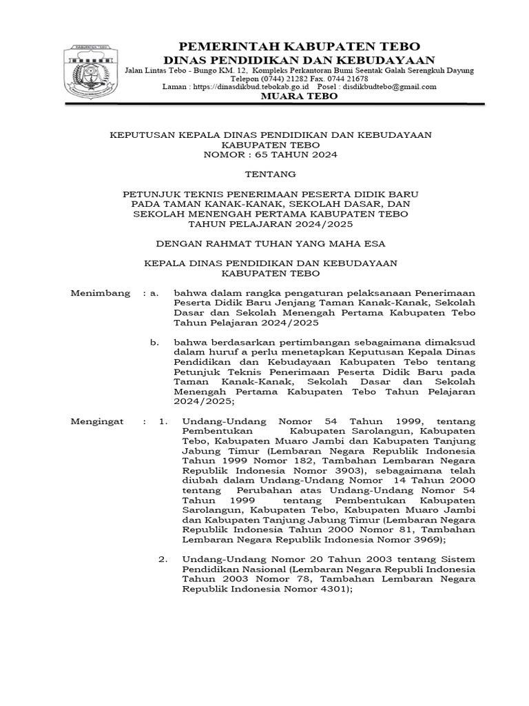 SK Juknis PPDB Tahun Pelajaran 2024 2025 | PDF