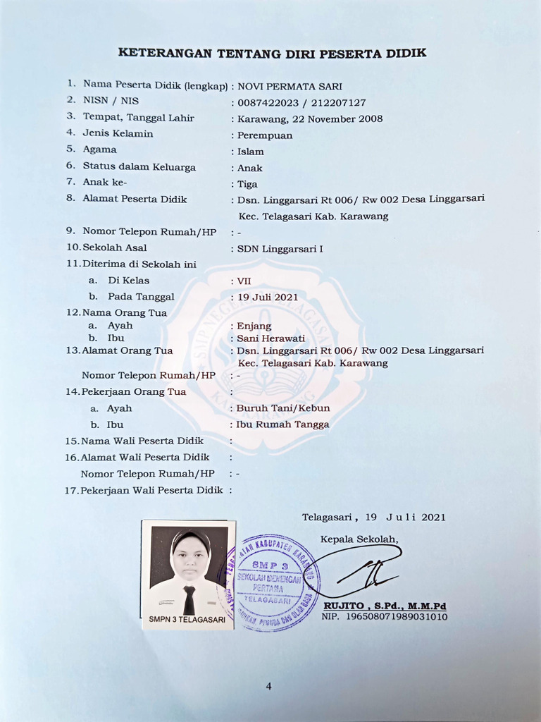 Biodata Rapot - Novi Permata Sari | PDF