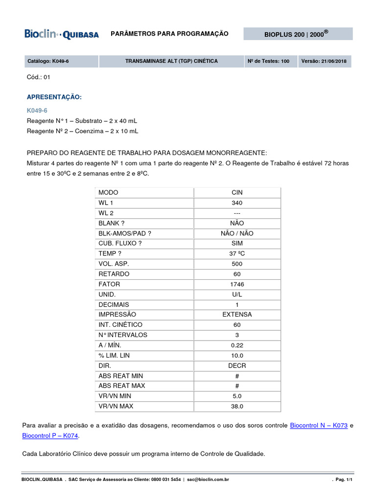 Programacao Transaminase Alt TGP Cinetica Bioplus 200 2000 01 | PDF