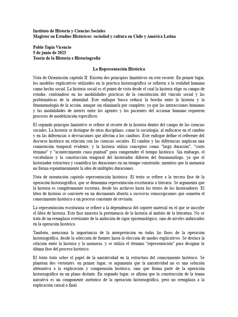 informe de lectura la representación historica | PDF | Historiografía ...
