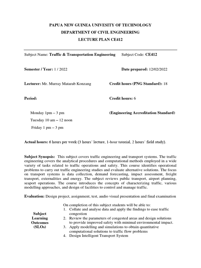 CE412 - Week 1 To Week 7 Lecture Plan | PDF | Traffic | Simulation