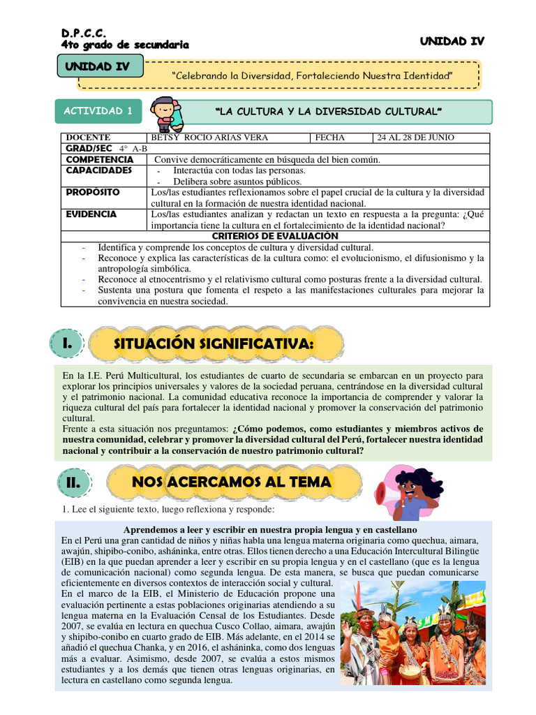 4° DPCC - Actv.01-Uni.4 2024 | PDF | Sociedad | Antropología