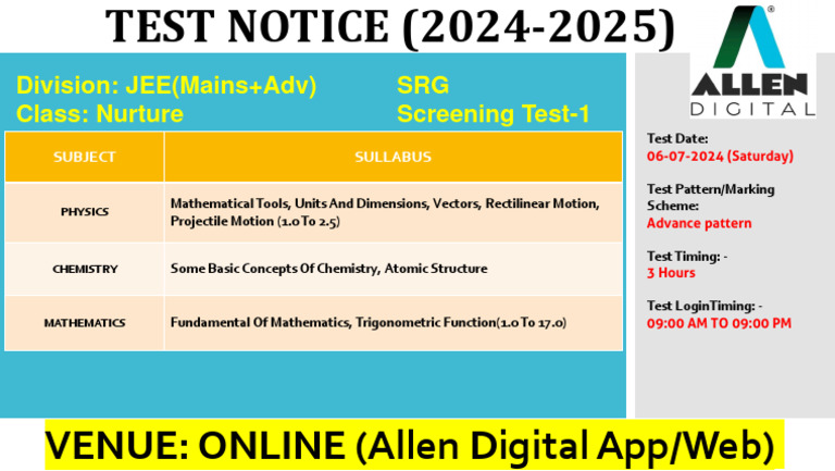 Allen Screening Test 6th July Syllabus | PDF