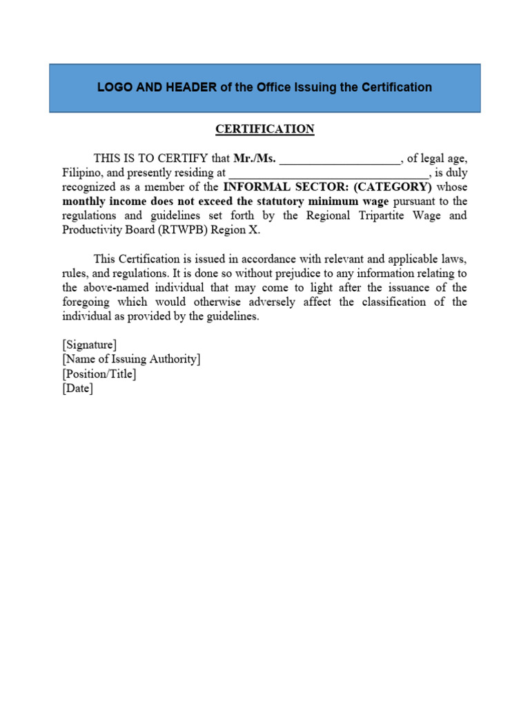 Sample Certification For Informal Sectors | PDF | Business | Finance ...