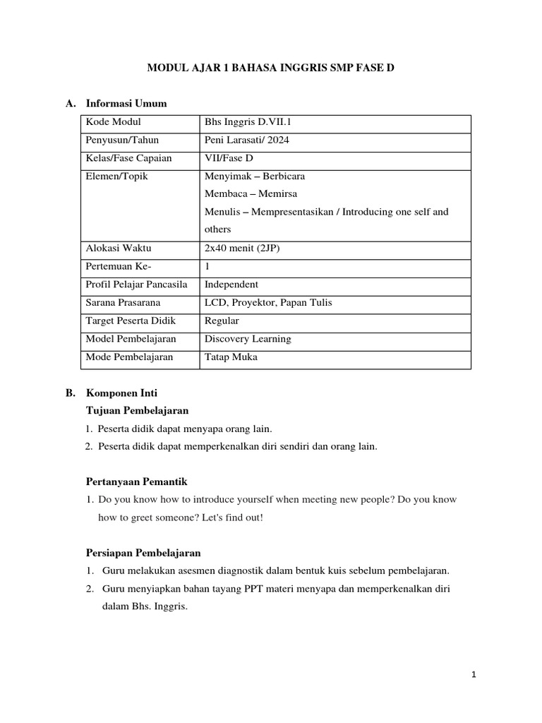 Modul Ajar B-Inggris Bab 1 SMP Grade Vii - M1 | PDF | Karier & Perkembangan