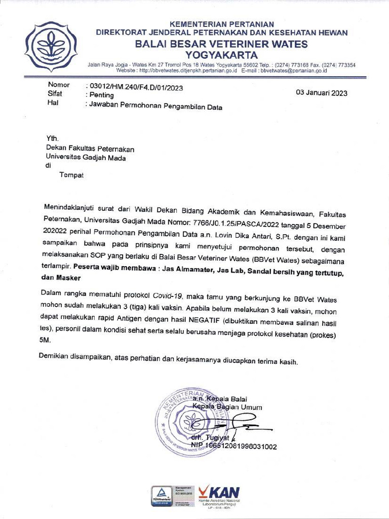 Surat Balasan Permohonan Pengambilan Data (Lovin Dika - Fapet UGM) | PDF Surat Balasan Permohonan Pengambilan Data (Lovin Dika - Fapet UGM) | PDF
