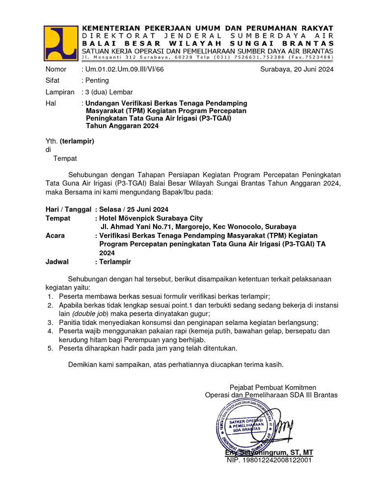 Undangan Verifikasi Berkas TPM 2024 Tahap I | PDF