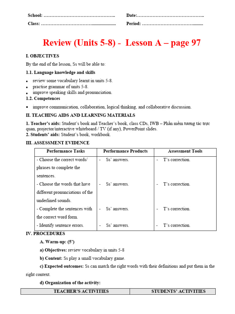 Review Lesson for Units 5-8 | PDF | Vocabulary | Phrase