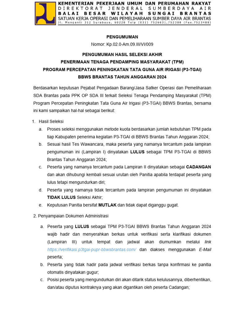 Pengumuman Hasil Seleksi Akhir TPM 2024 | PDF