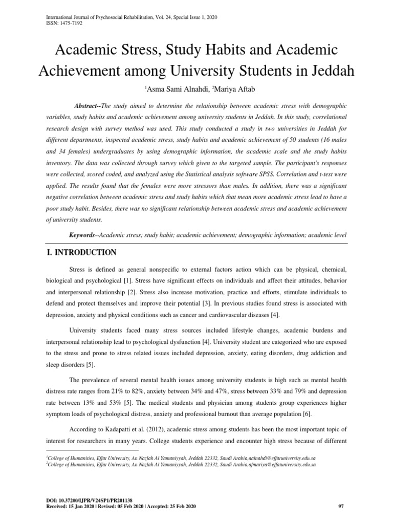 Academic Stress, Study Habits and Academic Achievement among University Students in Jeddah (1 ...
