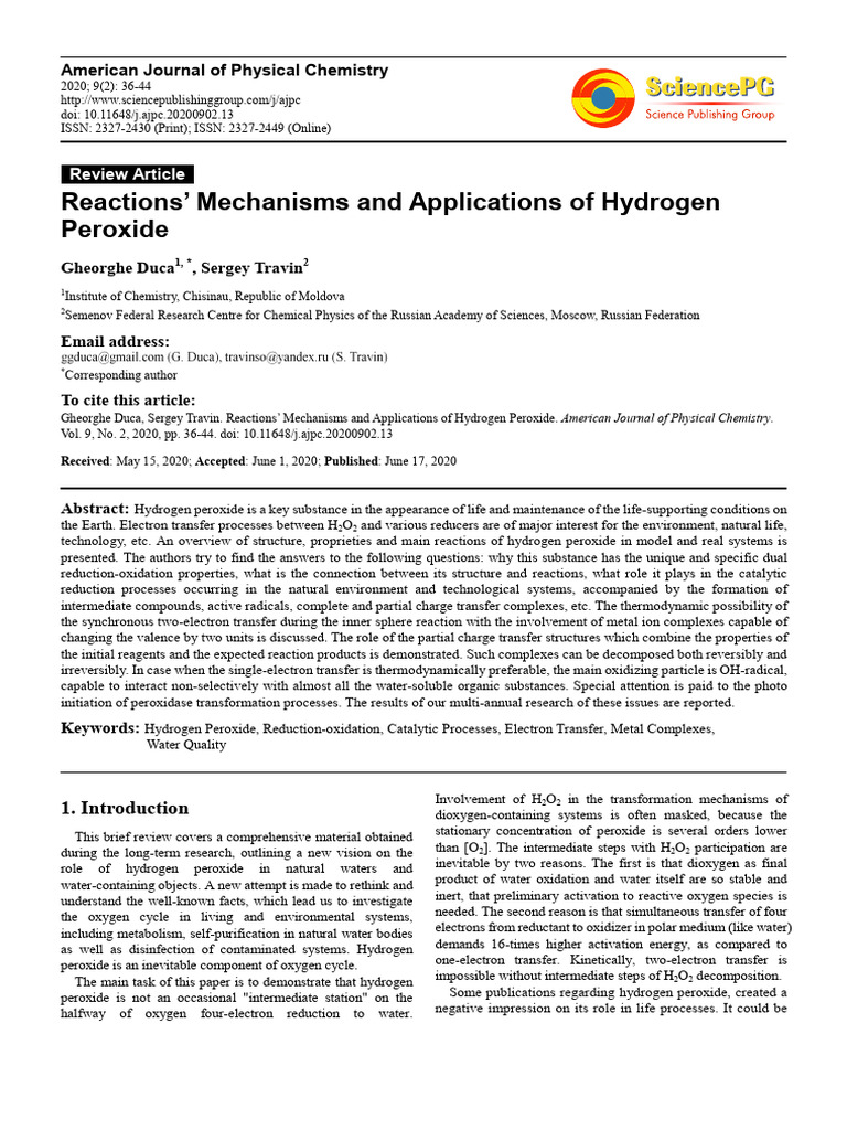 Reactions Mechanisms and Applications of | PDF | Hydrogen Peroxide ...