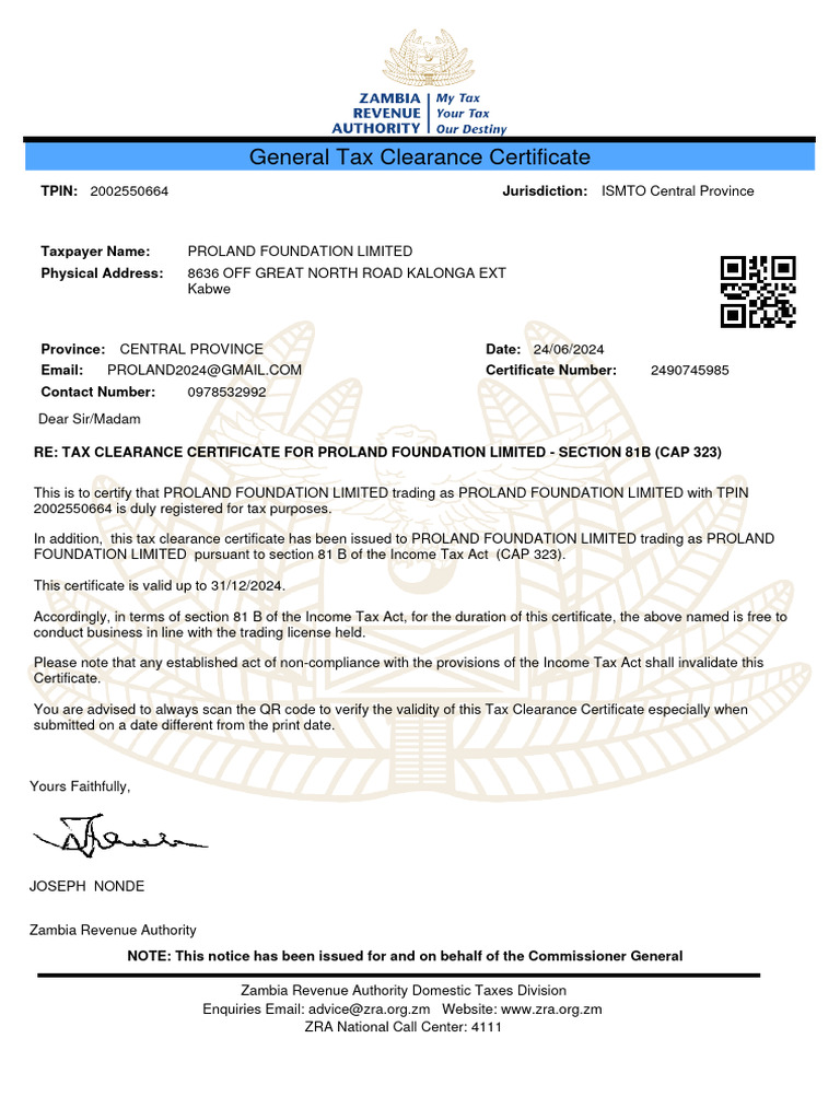 Tax Clearance Certificate for PROLAND | PDF | Finance & Money Management
