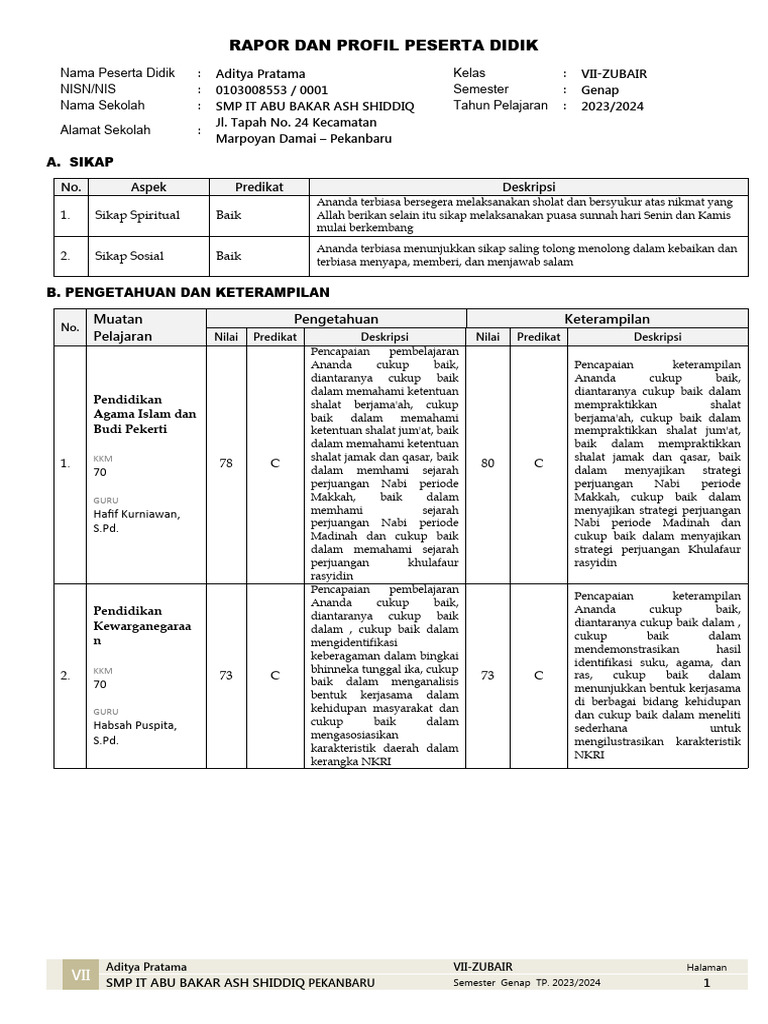 Rapor Smt Even k7 Aba Cetak | PDF