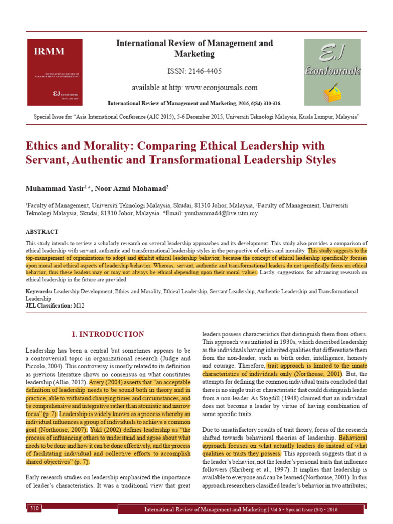 Ethics and Morality - Comparing Ethical Leadership With Servant ...