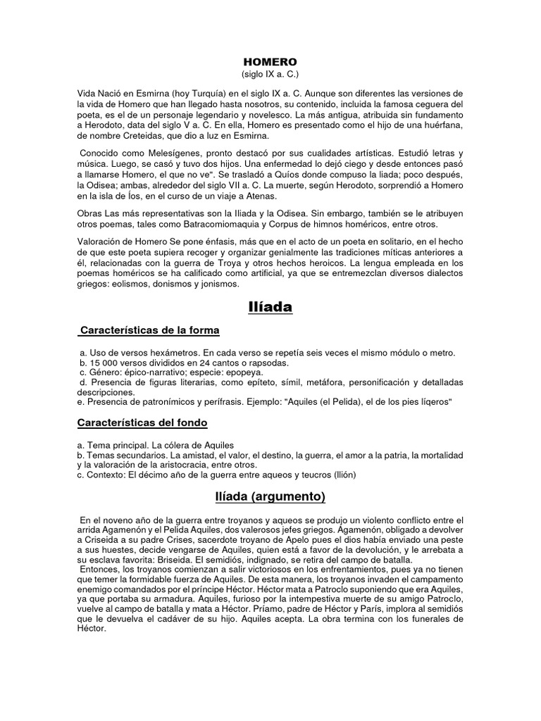 Vida y obras de Homero: Ilíada y Odisea | PDF | Homero | Aquiles