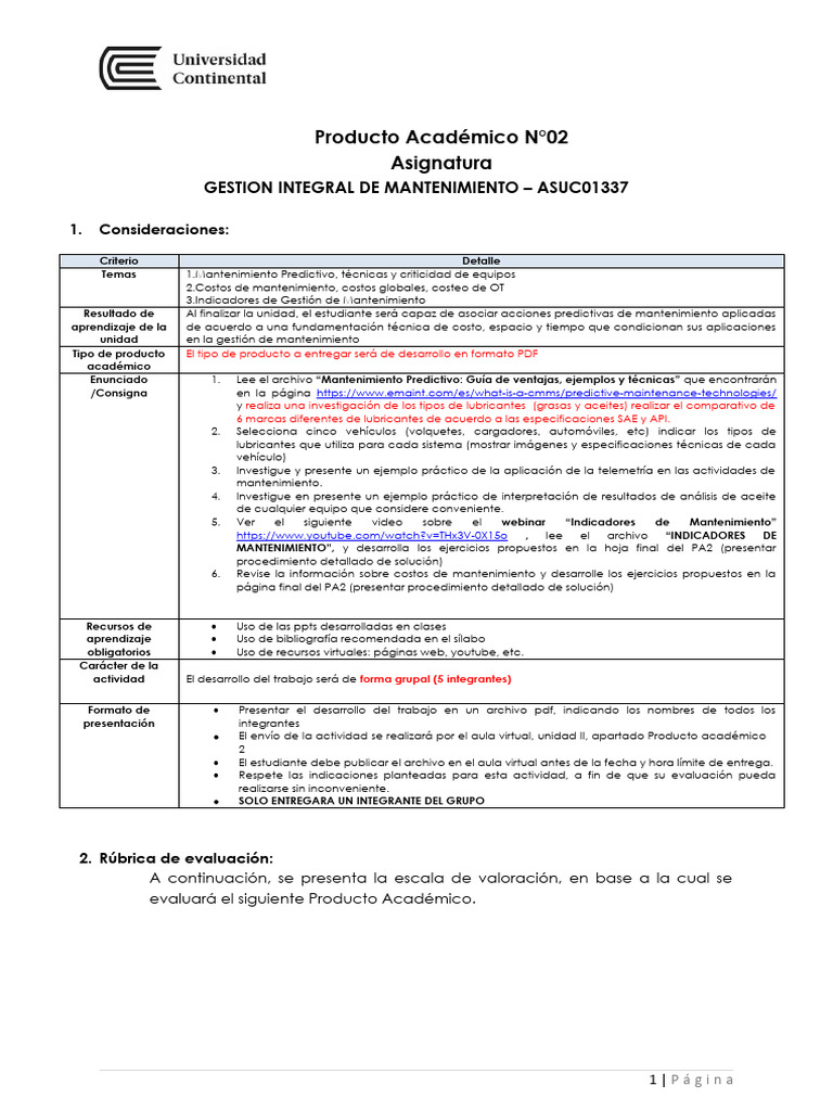 PA02 - Gestion Integral de Mantenimiento | PDF | Evaluación | Lubricante