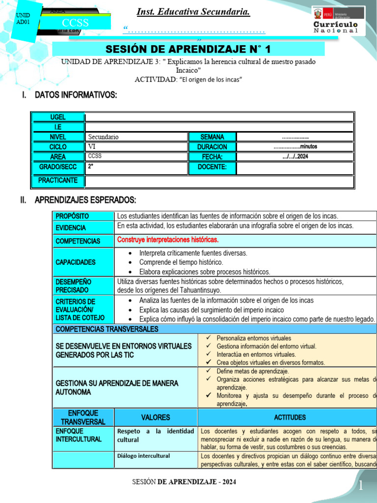 Sesion CCSS 2° Sec-Semana 01 Uni 3 | PDF | Imperio Inca