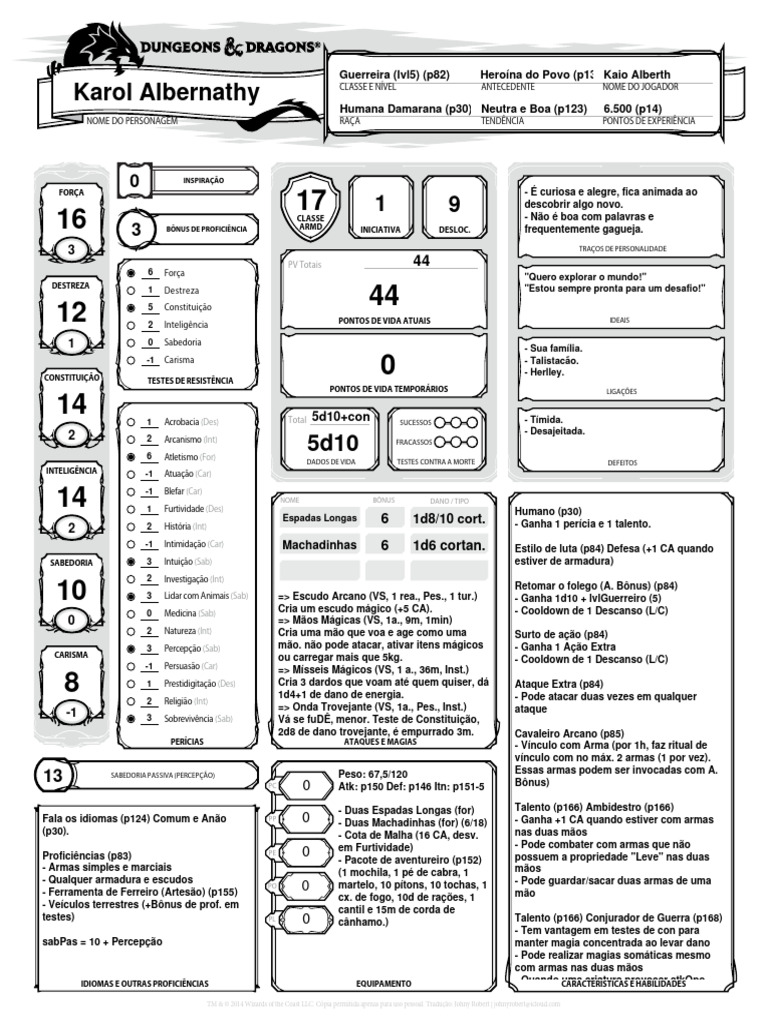 Ficha RPG D&D - Karol Albernathy | PDF