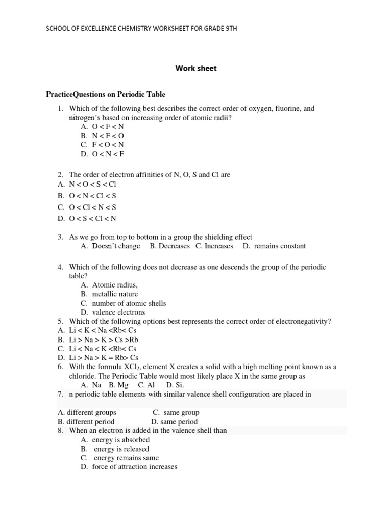 WORKSHEET (The Basic Structure of The Atom For Grade 9th) | PDF ...