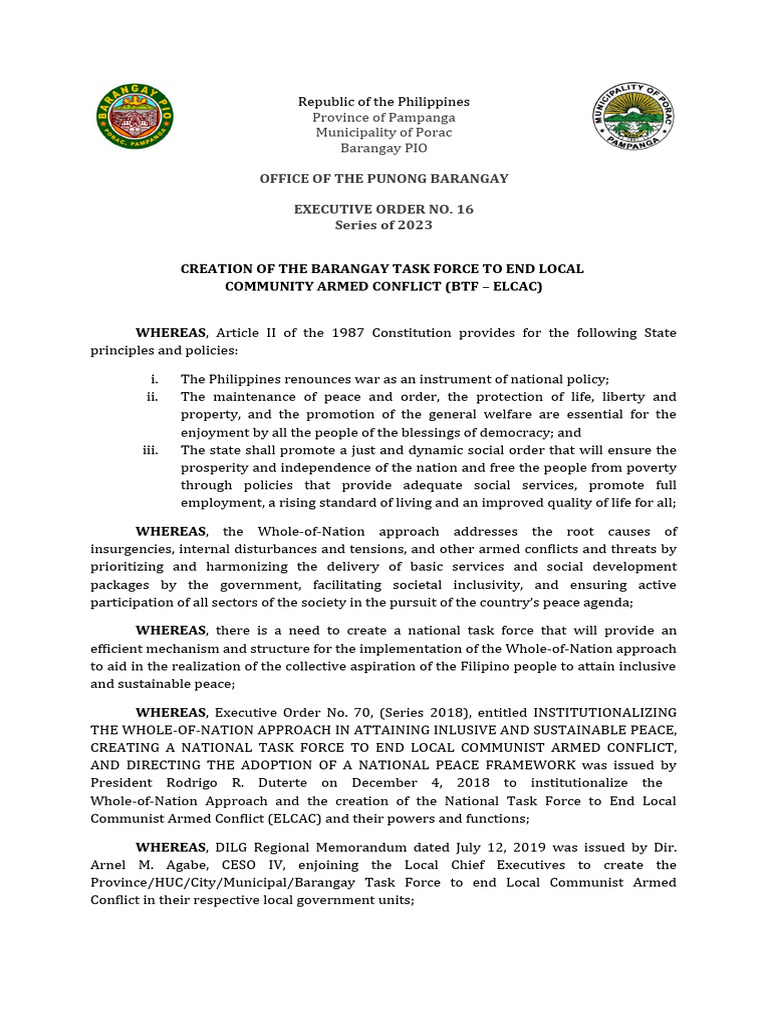 Barangay Task Force to End Local Conflict | PDF | Peace | Government