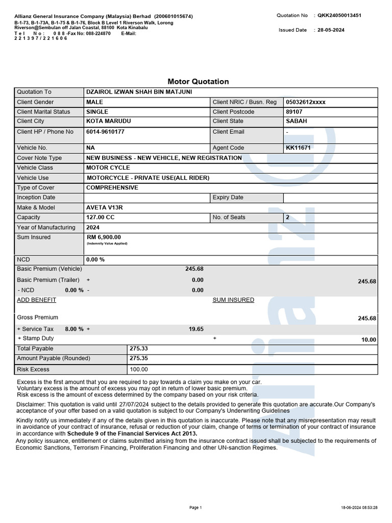 QuotationNew 1718672008279 | PDF | Insurance | Business Law
