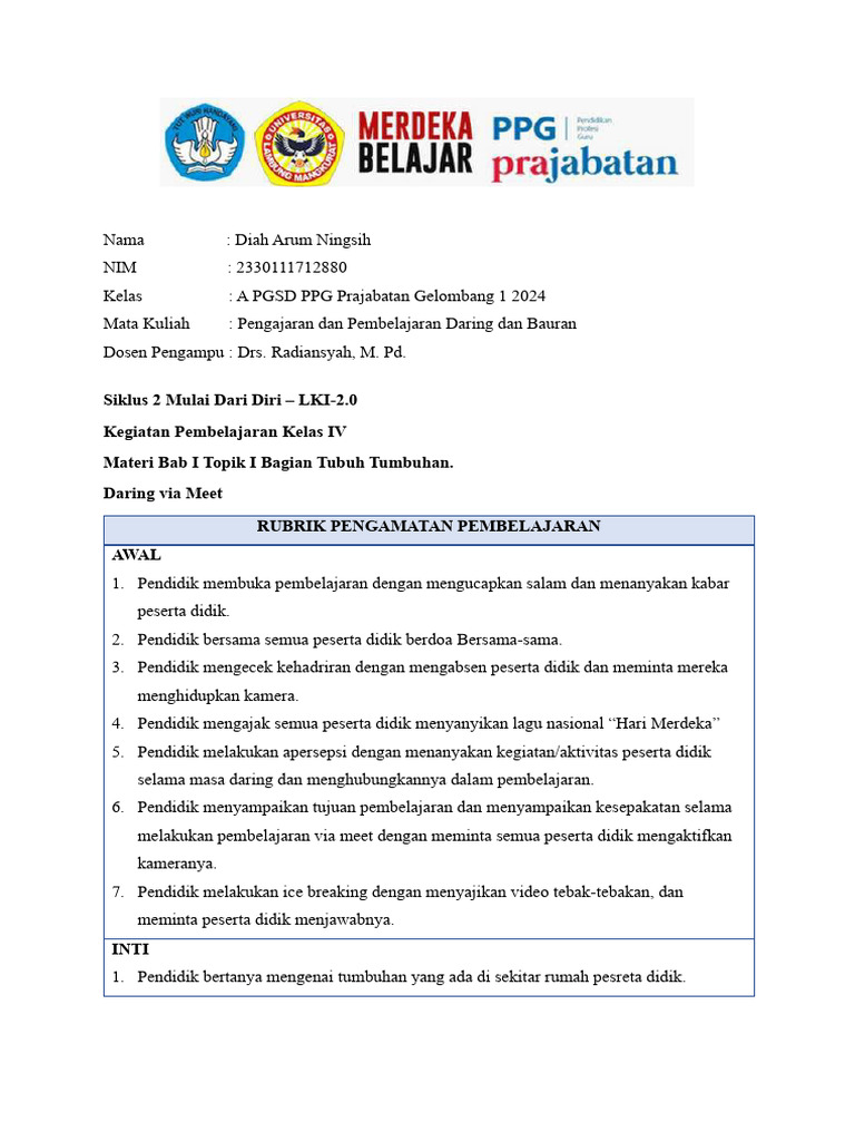 Diah Arum Ningsih - Kelas A - Siklus 2-Mulai Dari Diri-LK Individu 20 - PPDB | PDF
